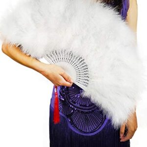 HAPPY FEATHER Handheld Marabou Feather Fan, 1920s Vintage Style Flapper Hand Fan for Costume Party and Dancing-White