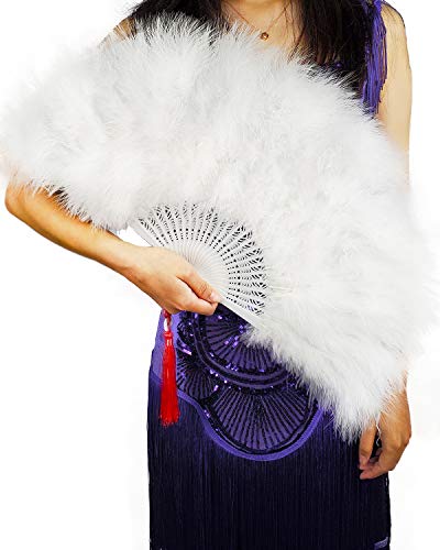 HAPPY FEATHER Handheld Marabou Feather Fan, 1920s Vintage Style Flapper Hand Fan for Costume Party and Dancing-White