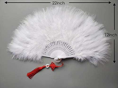 HAPPY FEATHER Handheld Marabou Feather Fan, 1920s Vintage Style Flapper Hand Fan for Costume Party and Dancing-White