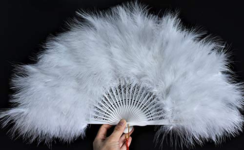 HAPPY FEATHER Handheld Marabou Feather Fan, 1920s Vintage Style Flapper Hand Fan for Costume Party and Dancing-White