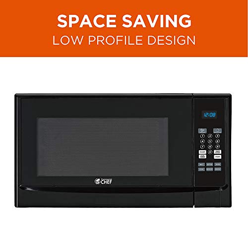 Commercial CHEF CHM14110B6CCountertop Microwave Oven - 1100 Watts, Small Compact Size, 10 Power Levels, 6 Easy One Touch Presets with Popcorn Button, Removable Turntable, Child Lock - Black