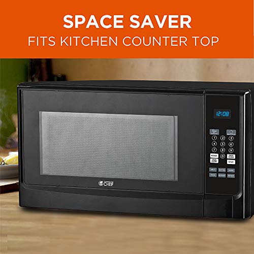 Commercial CHEF CHM14110B6CCountertop Microwave Oven - 1100 Watts, Small Compact Size, 10 Power Levels, 6 Easy One Touch Presets with Popcorn Button, Removable Turntable, Child Lock - Black