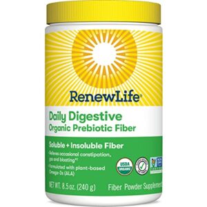 renew life adult daily digestive organic prebiotic fiber, plant-based omega-3, soluble & insoluble fiber powder, helps reduce constipation, gas, & bloating, 8.5 oz