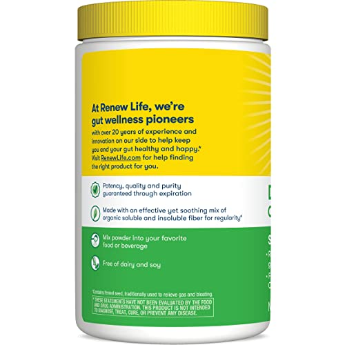 Renew Life Adult Daily Digestive Organic Prebiotic Fiber, Plant-Based Omega-3, Soluble & Insoluble Fiber Powder, Helps Reduce Constipation, Gas, & Bloating, 8.5 Oz