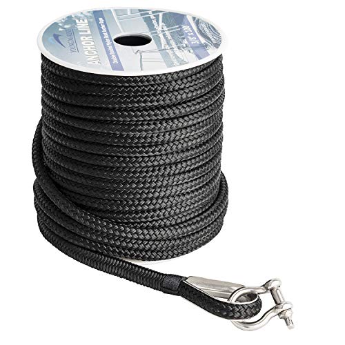 Young Marine Made 3/8 Inch 100FT 150FT Black Nylon Anchor Line Double Braided Anchor Rope/Line with Thimble (3/8" x 100')