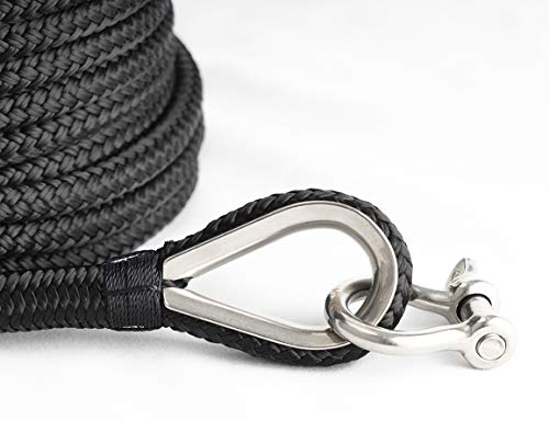 Young Marine Made 3/8 Inch 100FT 150FT Black Nylon Anchor Line Double Braided Anchor Rope/Line with Thimble (3/8" x 100')