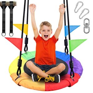 odoland 24 inch children tree swing, outdoor small saucer swing platform swing for kid, round flying swing wirh adjustable hanging ropes for backyard, 220lb weight capacity great for 1-2 kids