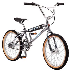 ﻿schwinn sting pro retro bmx for youth/adult, throwback 1989 design, single-speed drivetrain, hi-ten steel frame, aluminum rims, tubular crankset, 20-inch wheels, grey