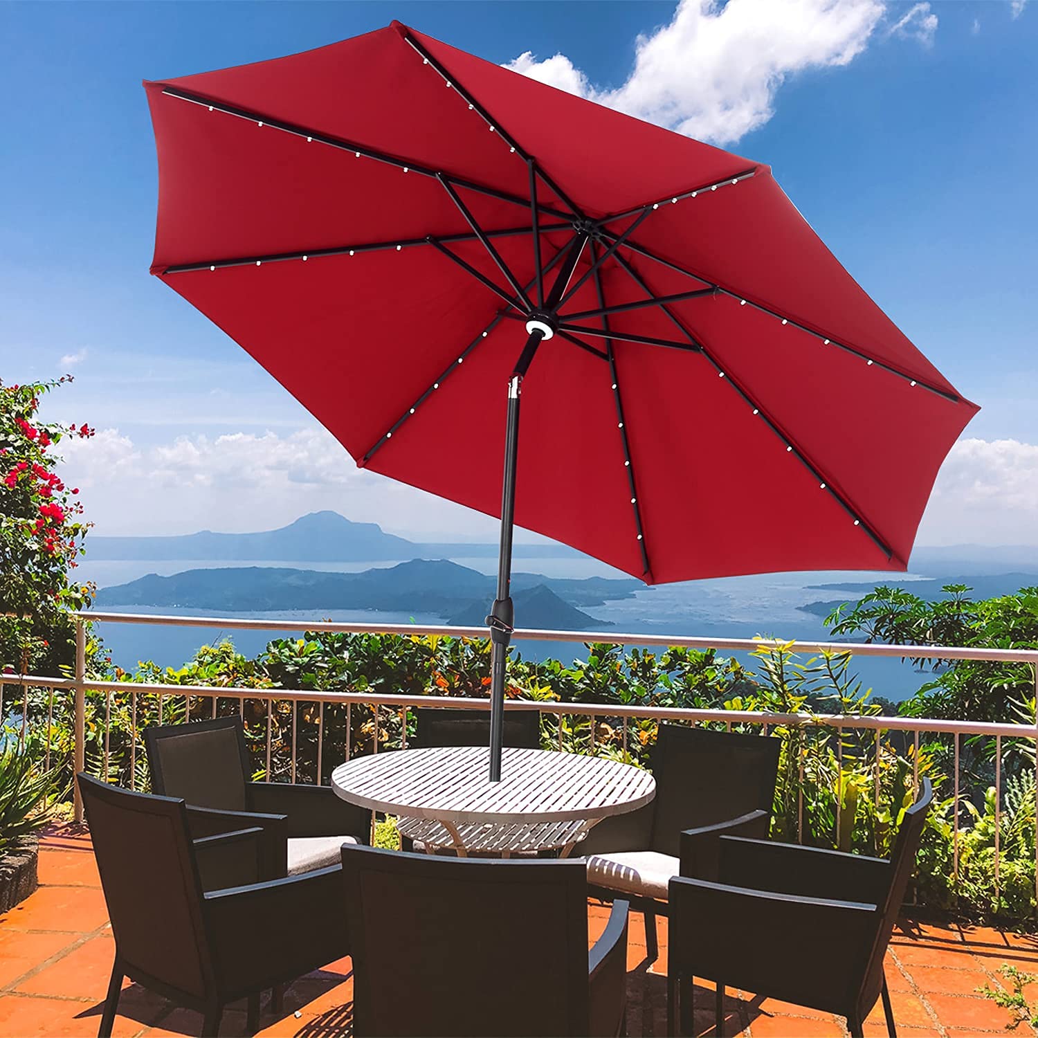 GDY 10Ft Patio Umbrella, Solar Powered 40 LED Lighted Aluminum Outdoor Table Market Umbrella with Tilt and Crank, Center Light (Charming Red)