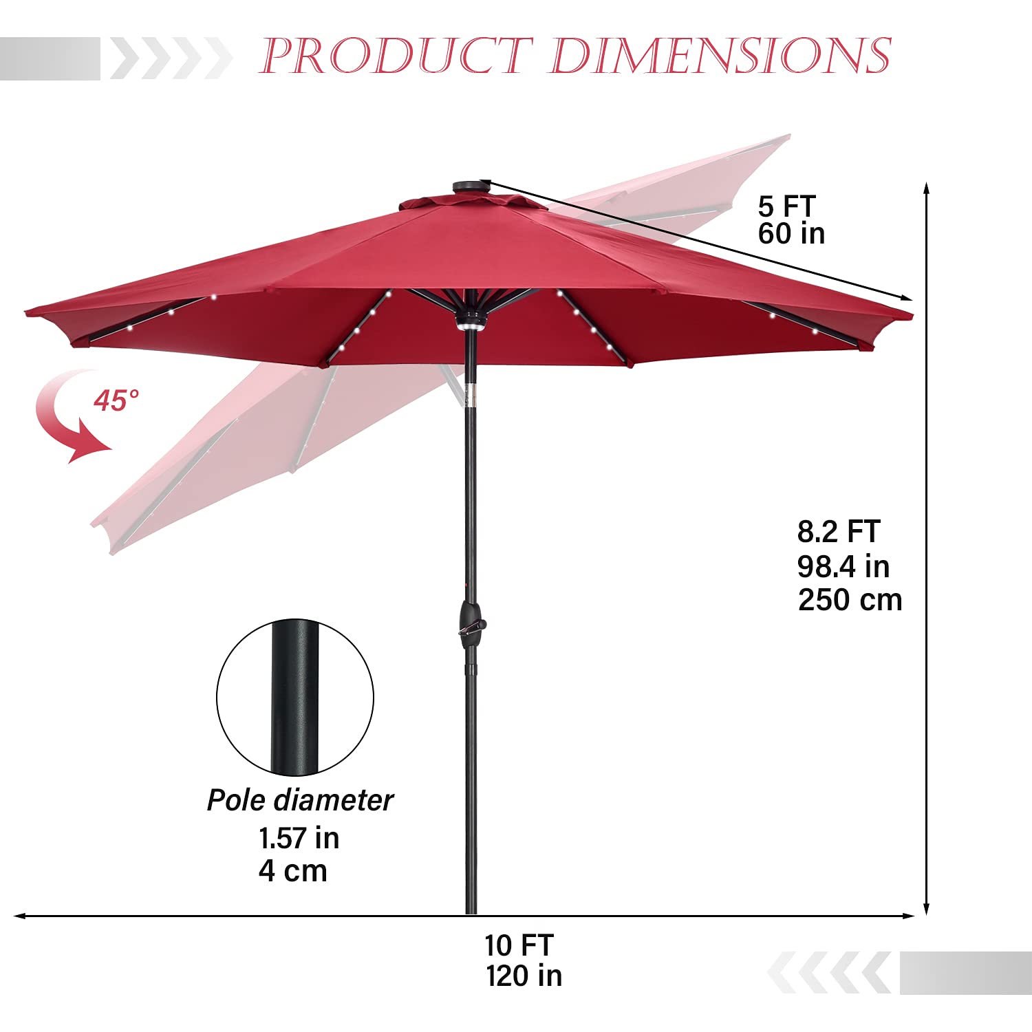 GDY 10Ft Patio Umbrella, Solar Powered 40 LED Lighted Aluminum Outdoor Table Market Umbrella with Tilt and Crank, Center Light (Charming Red)