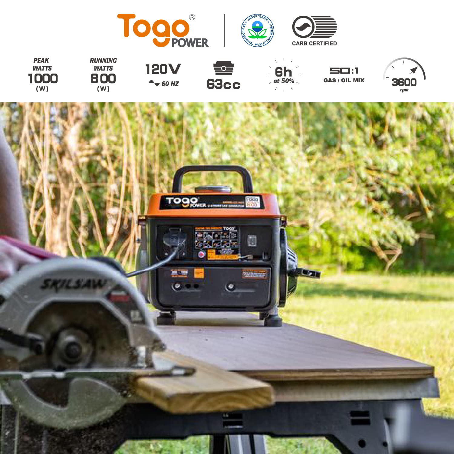 TogoPower Portable Generator, 1000W Gasoline Powered Generator for Backup Home Use Camping Outdoors, CARB