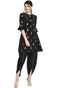 janasya indian women's black poly crepe kurti with dhoti pant(set182-kr-dh)