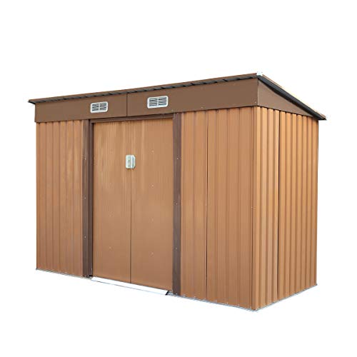 JAXPETY 4.2' x 9.1' Outdoor Storage Shed Garden Shed Utility Tool Storage House Backyard Lawn Building with Sliding Door, Brown