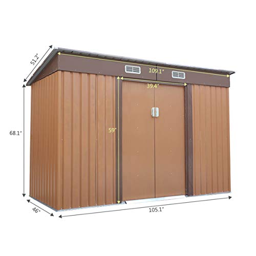 JAXPETY 4.2' x 9.1' Outdoor Storage Shed Garden Shed Utility Tool Storage House Backyard Lawn Building with Sliding Door, Brown