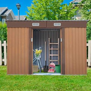 JAXPETY 4.2' x 9.1' Outdoor Storage Shed Garden Shed Utility Tool Storage House Backyard Lawn Building with Sliding Door, Brown