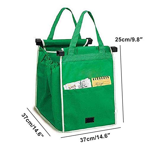 Helishy 2Pack Reusable Grocery Bags Shopping Trolley Bags, Green Non-woven Tote Bags with Handles, Collapsible Grab and Go Bag Clip on Shopping Cart