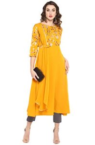 janasya women's mustard foil printed poly crepe kurta