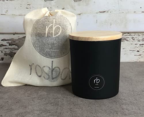 Rosbas Candle, Cinnamon Vanilla Scented, Natural Soy Wax, Black Glass Jar, Wooden Lid, 7 oz, Cotton Wick, Drawstring Cotton Bag, Long Burn Time, Home, Non-Toxic, Handmade in The USA