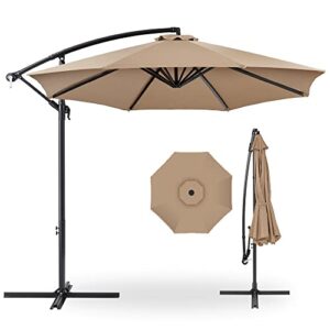 best choice products 10ft offset hanging market patio umbrella w/easy tilt adjustment, polyester shade, 8 ribs for backyard, poolside, lawn and garden - tan