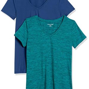 Amazon Essentials Women's Tech Stretch Short-Sleeve V-Neck T-Shirt (Available in Plus Size), Pack of 2, Navy/Teal Blue Space Dye, Large