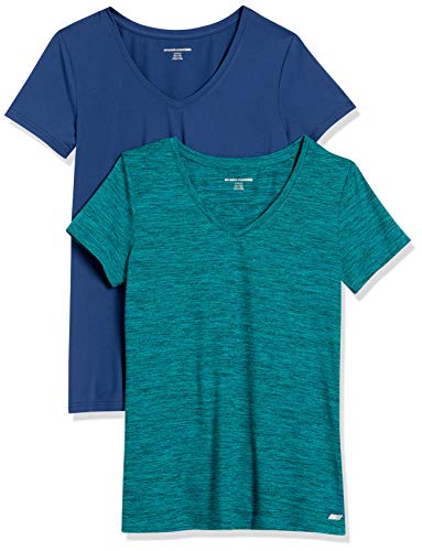 Amazon Essentials Women's Tech Stretch Short-Sleeve V-Neck T-Shirt (Available in Plus Size), Pack of 2, Navy/Teal Blue Space Dye, Large