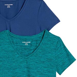 Amazon Essentials Women's Tech Stretch Short-Sleeve V-Neck T-Shirt (Available in Plus Size), Pack of 2, Navy/Teal Blue Space Dye, Large