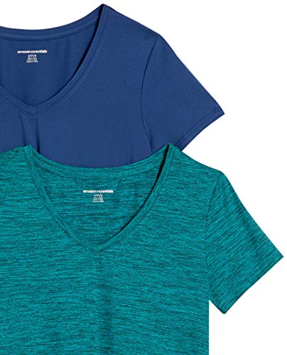 Amazon Essentials Women's Tech Stretch Short-Sleeve V-Neck T-Shirt (Available in Plus Size), Pack of 2, Navy/Teal Blue Space Dye, Large