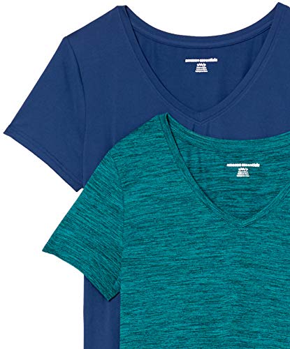 Amazon Essentials Women's Tech Stretch Short-Sleeve V-Neck T-Shirt (Available in Plus Size), Pack of 2, Navy/Teal Blue Space Dye, Large