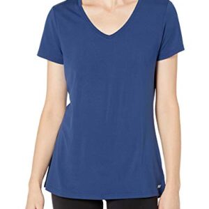 Amazon Essentials Women's Tech Stretch Short-Sleeve V-Neck T-Shirt (Available in Plus Size), Pack of 2, Navy/Teal Blue Space Dye, Large