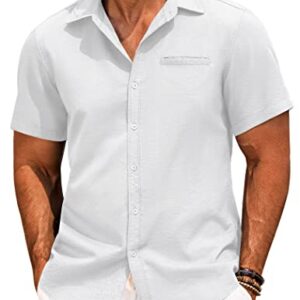 COOFANDY Men's Linen Shirt Lightweight Classic Fit Button Down Shirt Short Sleeve Beach Holiday Shirts with Pocket White