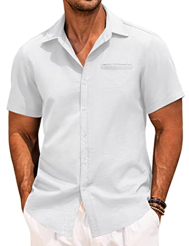 COOFANDY Men's Linen Shirt Lightweight Classic Fit Button Down Shirt Short Sleeve Beach Holiday Shirts with Pocket White