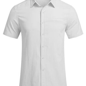 COOFANDY Men's Linen Shirt Lightweight Classic Fit Button Down Shirt Short Sleeve Beach Holiday Shirts with Pocket White