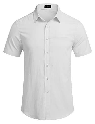 COOFANDY Men's Linen Shirt Lightweight Classic Fit Button Down Shirt Short Sleeve Beach Holiday Shirts with Pocket White