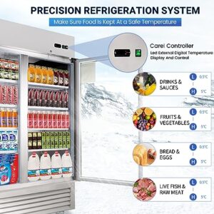 kalifon 54" Commercial Refrigerator Merchandiser 2 Glass Door 2 Section Stainless Steel, 49 Cu.Ft Display Refrigerator Upright Fridge Cooler with LED Lighting for Restaurant Kitchen