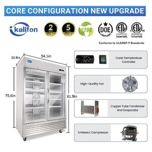 kalifon 54" Commercial Refrigerator Merchandiser 2 Glass Door 2 Section Stainless Steel, 49 Cu.Ft Display Refrigerator Upright Fridge Cooler with LED Lighting for Restaurant Kitchen