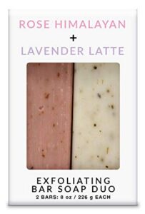 exfoliating bar soap combo set by olivia care - rose himalayan salt + lavender latte- all natural & organic - moisturize, detoxify, hydrate - makes skin soft & silky - 2 x 8 oz