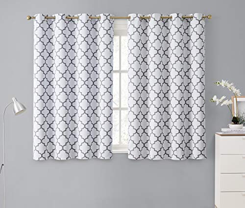 HLC.ME Lattice Print Decorative Curtains Blackout 54 Length - Thermal Insulated Room Darkening Grommet Window Drapes Panels for Basement Windows - Platinum White & Grey - Set of 2-52 x 54 Inch