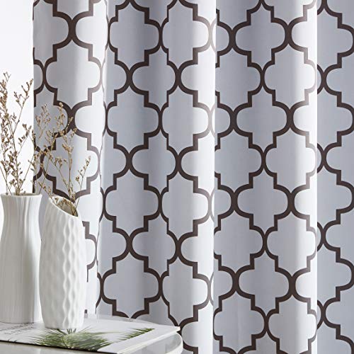 HLC.ME Lattice Print Decorative Curtains Blackout 54 Length - Thermal Insulated Room Darkening Grommet Window Drapes Panels for Basement Windows - Platinum White & Grey - Set of 2-52 x 54 Inch