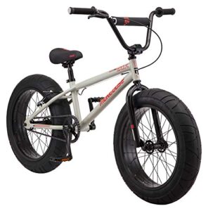 mongoose argus mx kids fat tire mountain bike, 20-inch wheels, 4.25-inch wide tires, high-ten steel frame, single speed, tan