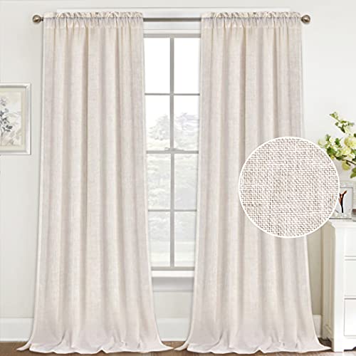 Natural Linen Curtains 108 Inches Extra Long Rod Pocket Semi Sheer Curtain Drapes Elegant Casual Linen Textured Window Draperies, Light Filtering Privacy Added Home Fashion 2 Panels, Natural