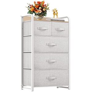 yitahome fabric dresser with 5 drawers - storage tower with large capacity, organizer unit for bedroom, living room & closets - sturdy steel frame, wooden top & easy pull fabric bins (light grey)