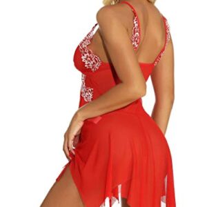 klier Lingerie for Women Lace Babydoll Sexy Chemise V Neck Mesh Sleepwear Dark Red