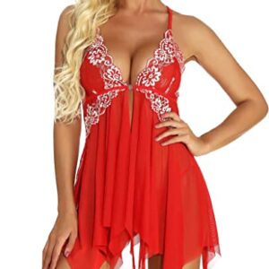 klier Lingerie for Women Lace Babydoll Sexy Chemise V Neck Mesh Sleepwear Dark Red