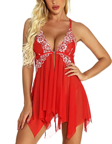 klier Lingerie for Women Lace Babydoll Sexy Chemise V Neck Mesh Sleepwear Dark Red