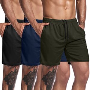 coofandy men's 3 pack gym workout shorts mesh weightlifting squatting pants training bodybuilding jogger with pocket,black/army green/navy blue,medium