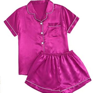 SweatyRocks Women's Short Sleeve Sleepwear Button Down Satin 2 Piece Pajama Set Hot Pink Small