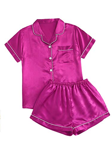 SweatyRocks Women's Short Sleeve Sleepwear Button Down Satin 2 Piece Pajama Set Hot Pink Small