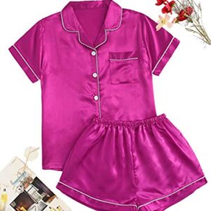 SweatyRocks Women's Short Sleeve Sleepwear Button Down Satin 2 Piece Pajama Set Hot Pink Small