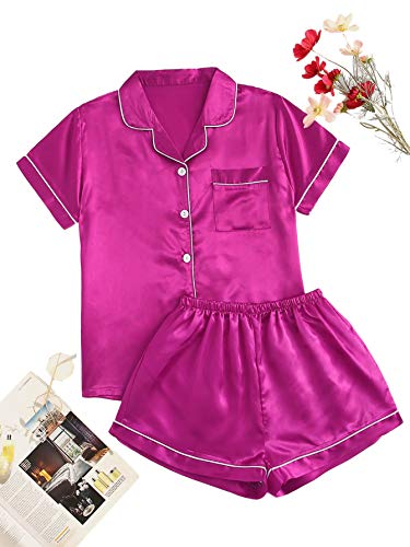 SweatyRocks Women's Short Sleeve Sleepwear Button Down Satin 2 Piece Pajama Set Hot Pink Small