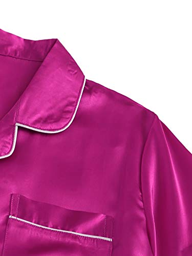 SweatyRocks Women's Short Sleeve Sleepwear Button Down Satin 2 Piece Pajama Set Hot Pink Small